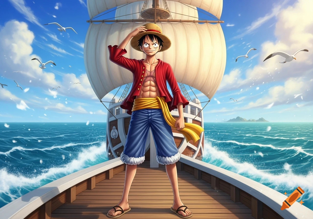 Anime character Luffy stands on a ship deck, hand on his straw hat ...