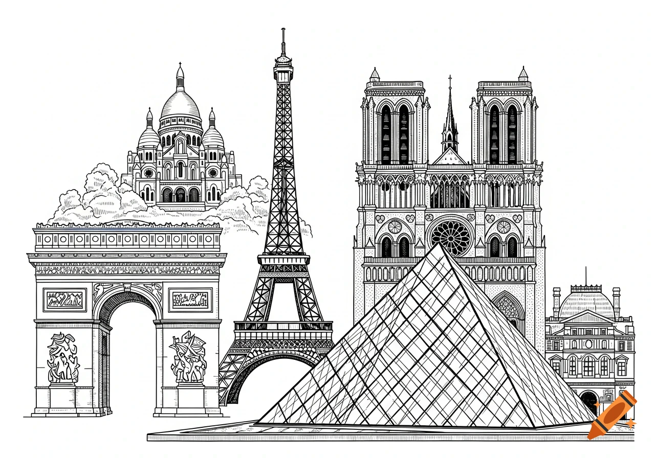 Black and white line drawing illustration of famous Paris landmarks ...