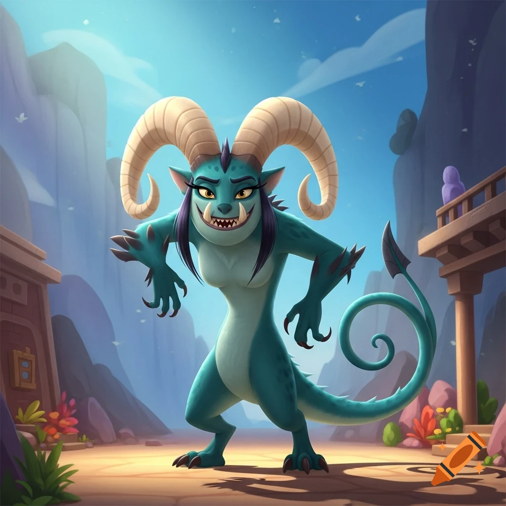 A teal cartoon monster with large beige ram horns, sharp teeth, and a ...