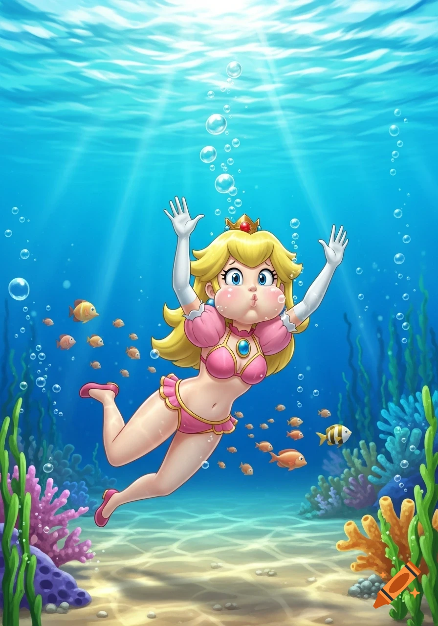 Cartoon Princess Peach In A Pink Bikini Holding Her Breath With Puffy