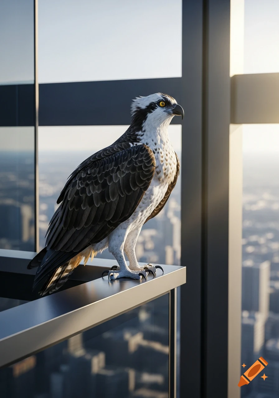 A photorealistic osprey with white and brown feathers perches on a ...