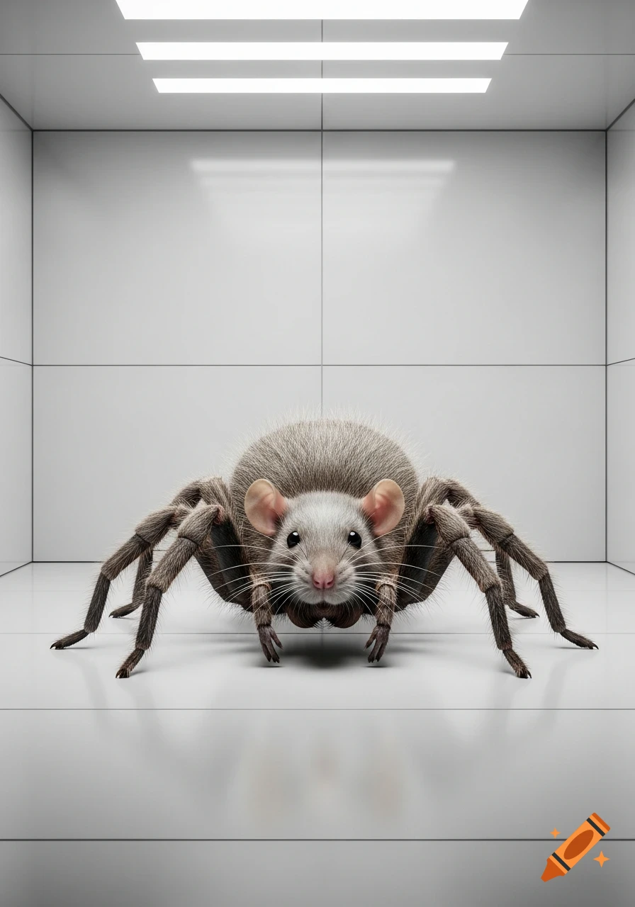 A furry rat-spider hybrid creature stands centrally in a sterile white ...