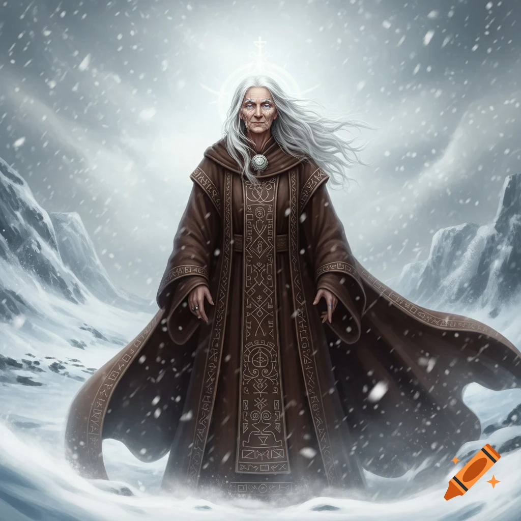 A white-haired old priestess in ornate brown robes stands in a snowy ...