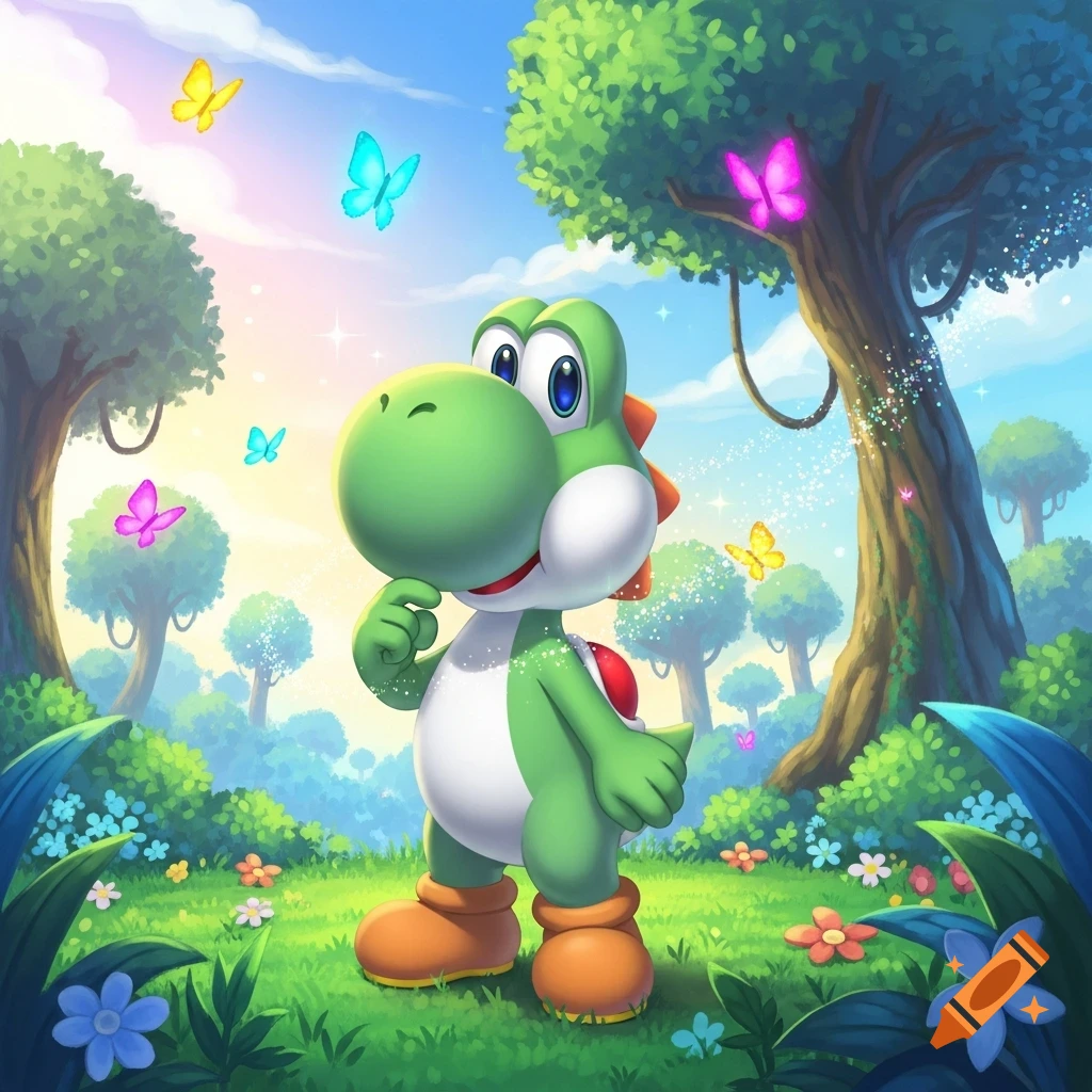 Yoshi stands thoughtfully in a vibrant forest clearing surrounded by ...