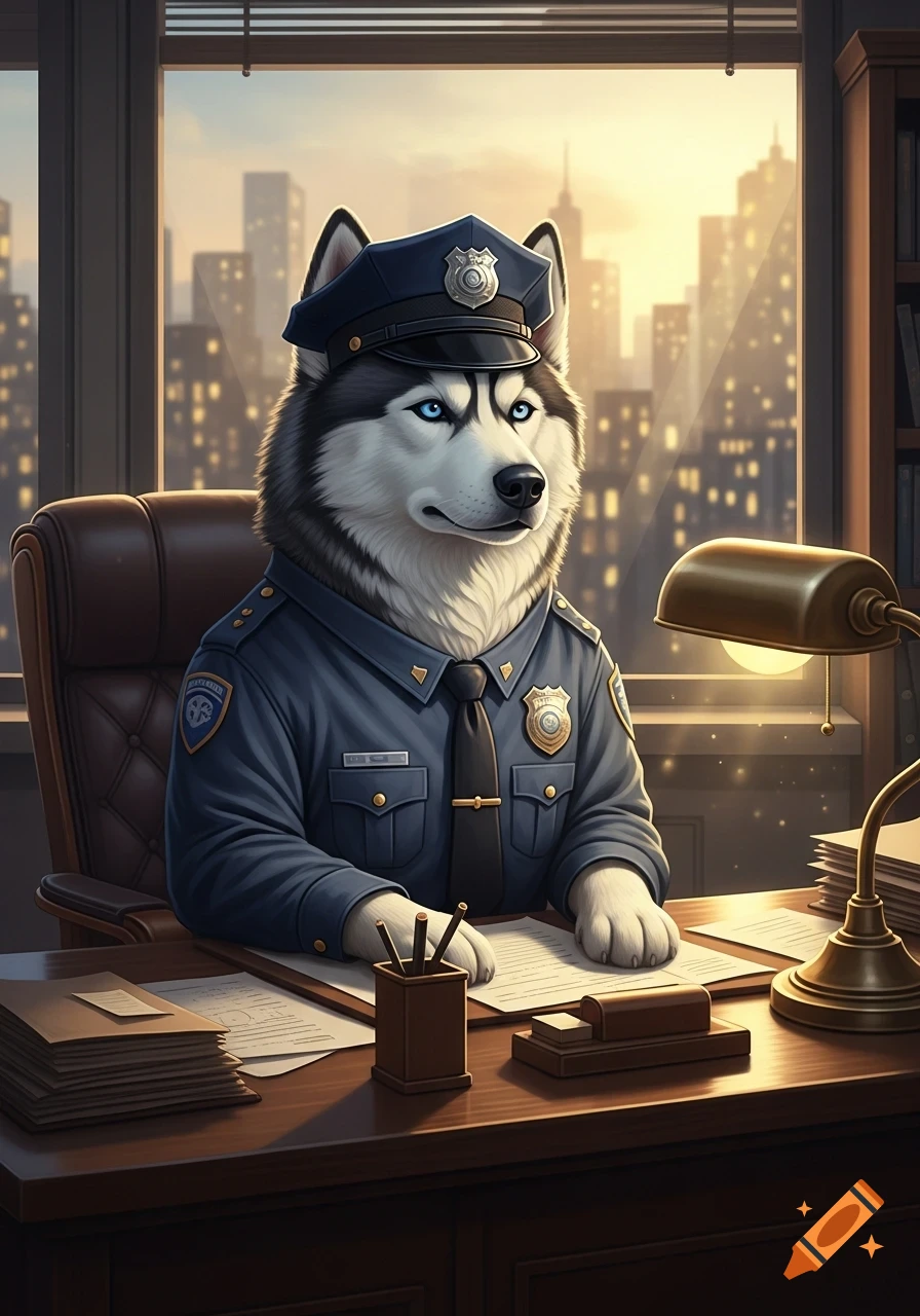 A husky dog in a police uniform sits at a desk in an office with a city ...