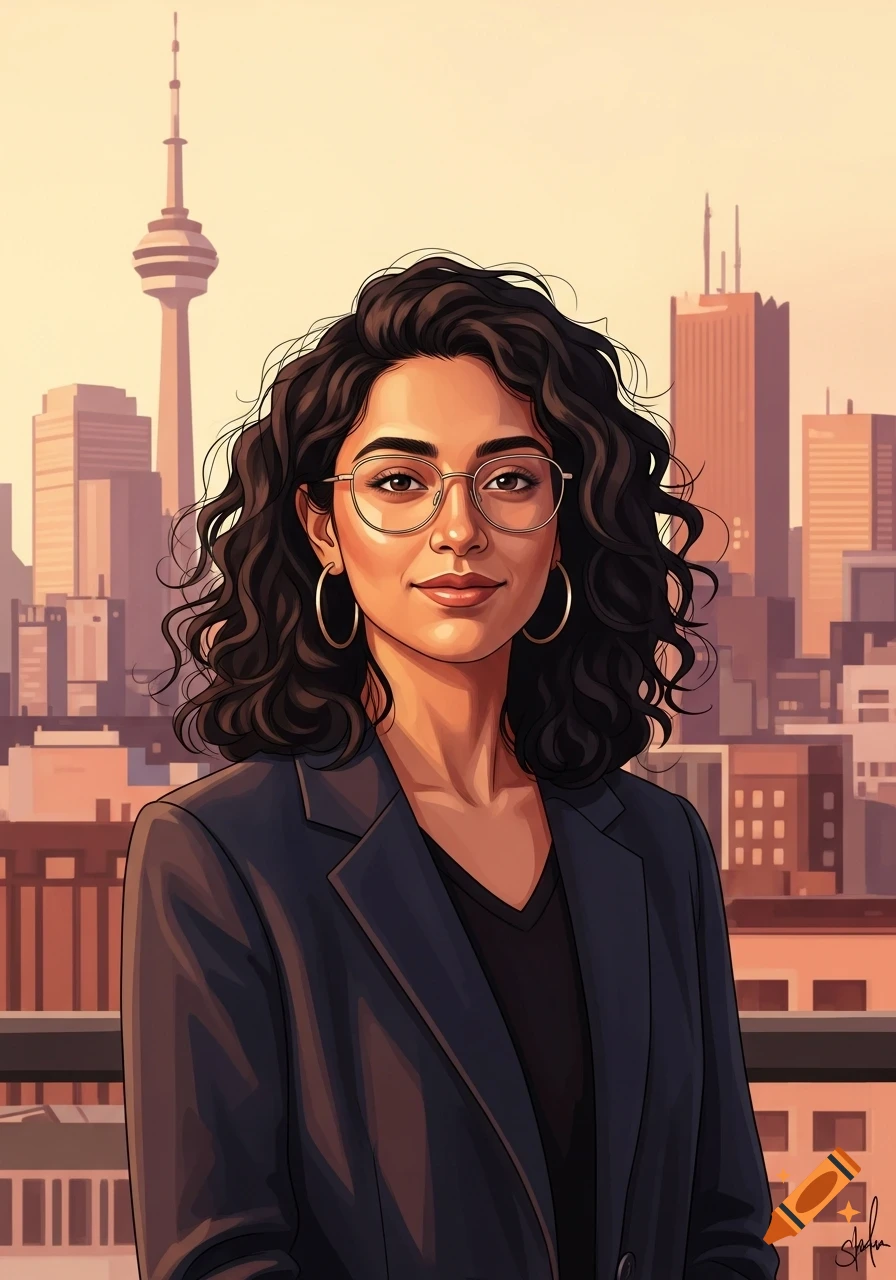 Illustrated portrait of a South Asian woman with curly hair and glasses ...