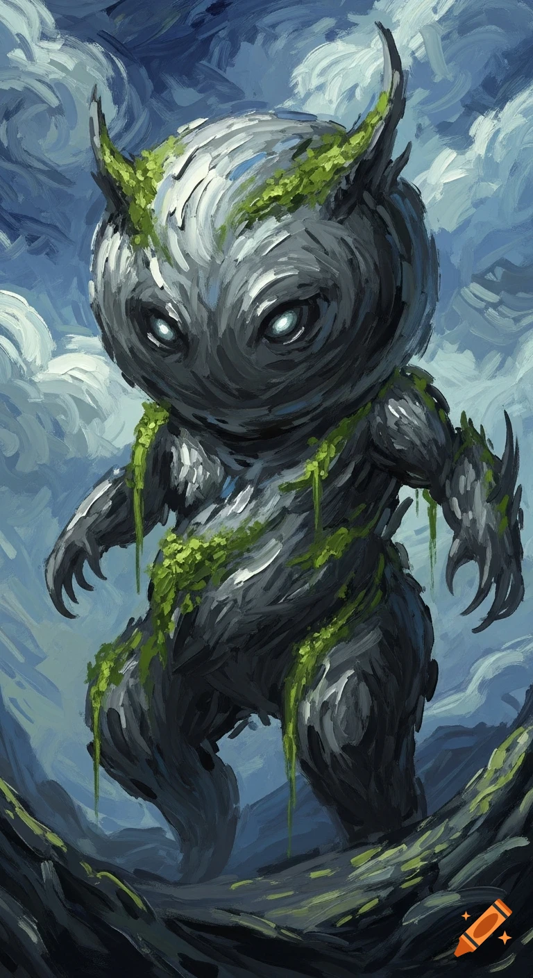 A stylized oil painting of a squat, stone-like fantasy creature with ...