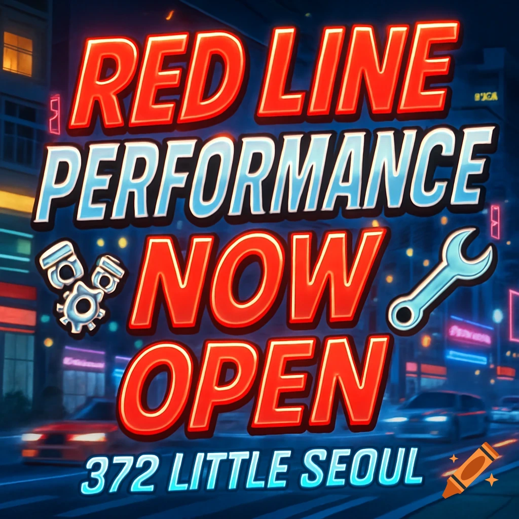 Stylized neon sign for 'Red Line Performance Now Open' with engine parts and a wrench, set ...