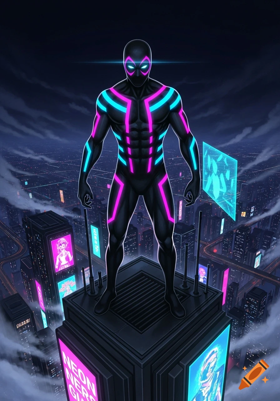 A neon-lit superhero stands on a skyscraper rooftop overlooking a ...