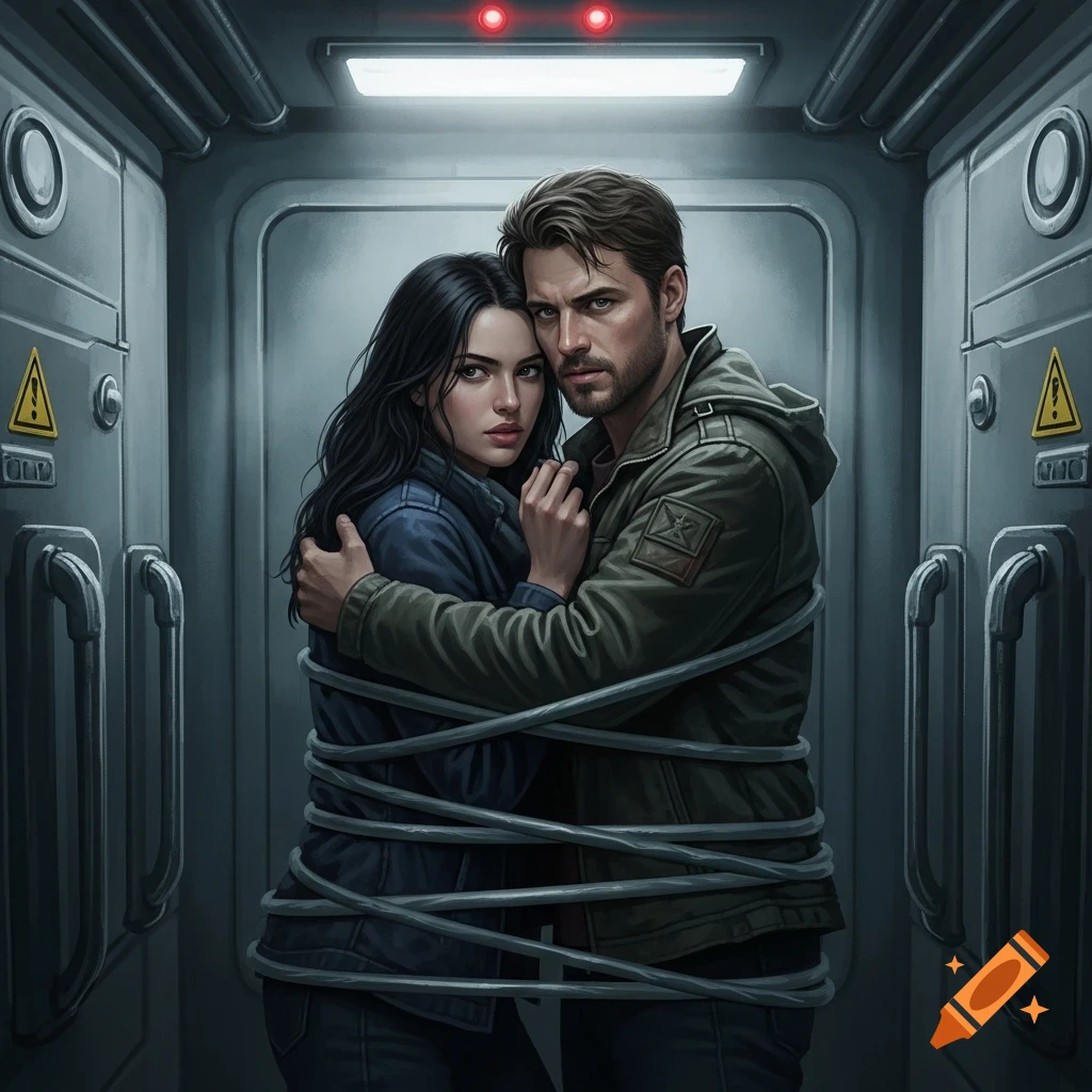 A man and woman embrace, entangled in cables within a narrow, grey ...