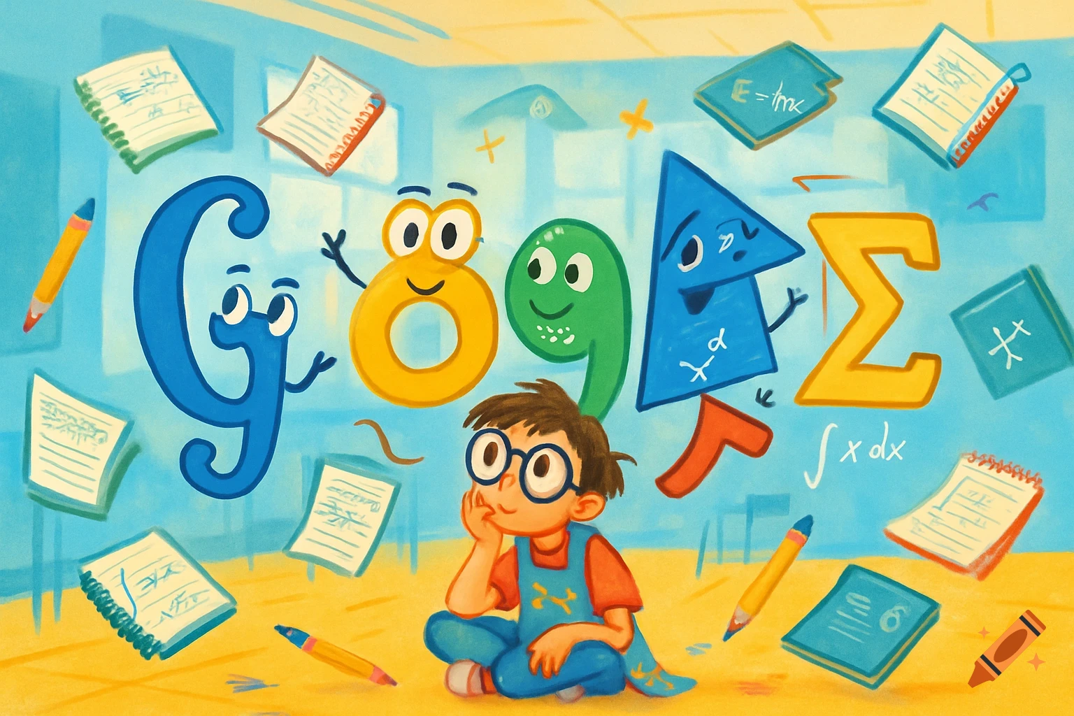 A cartoon boy in glasses sits cross-legged, surrounded by ...