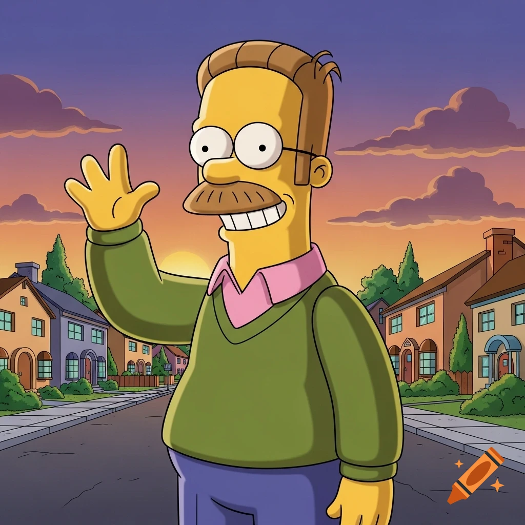 Cartoon of Ned Flanders in a green sweater, pink shirt, glasses, and ...