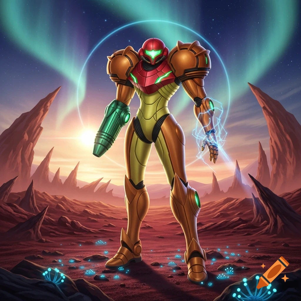 Samus Aran in her orange and red power suit stands on a rocky alien ...