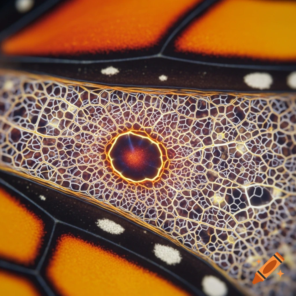 Close-up, abstract view of intricate, glowing orange and white cell ...