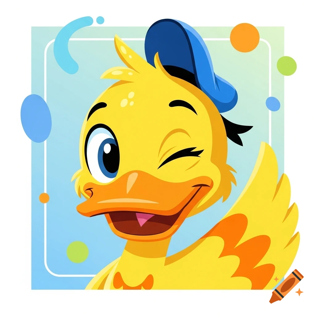 A stylized illustration of a winking yellow cartoon duck wearing a blue ...