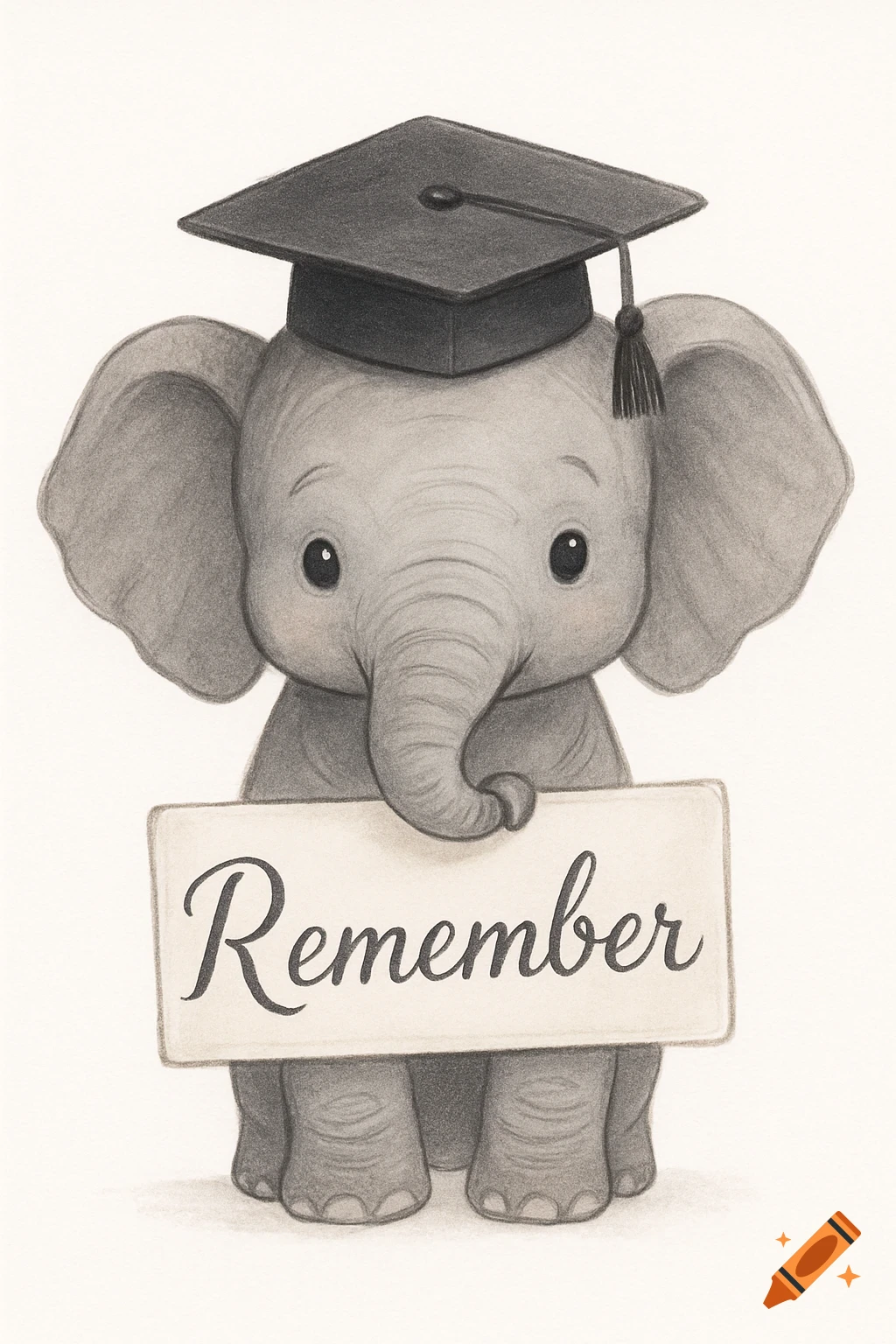A cute, gray cartoon elephant wearing a graduation cap holds a white ...