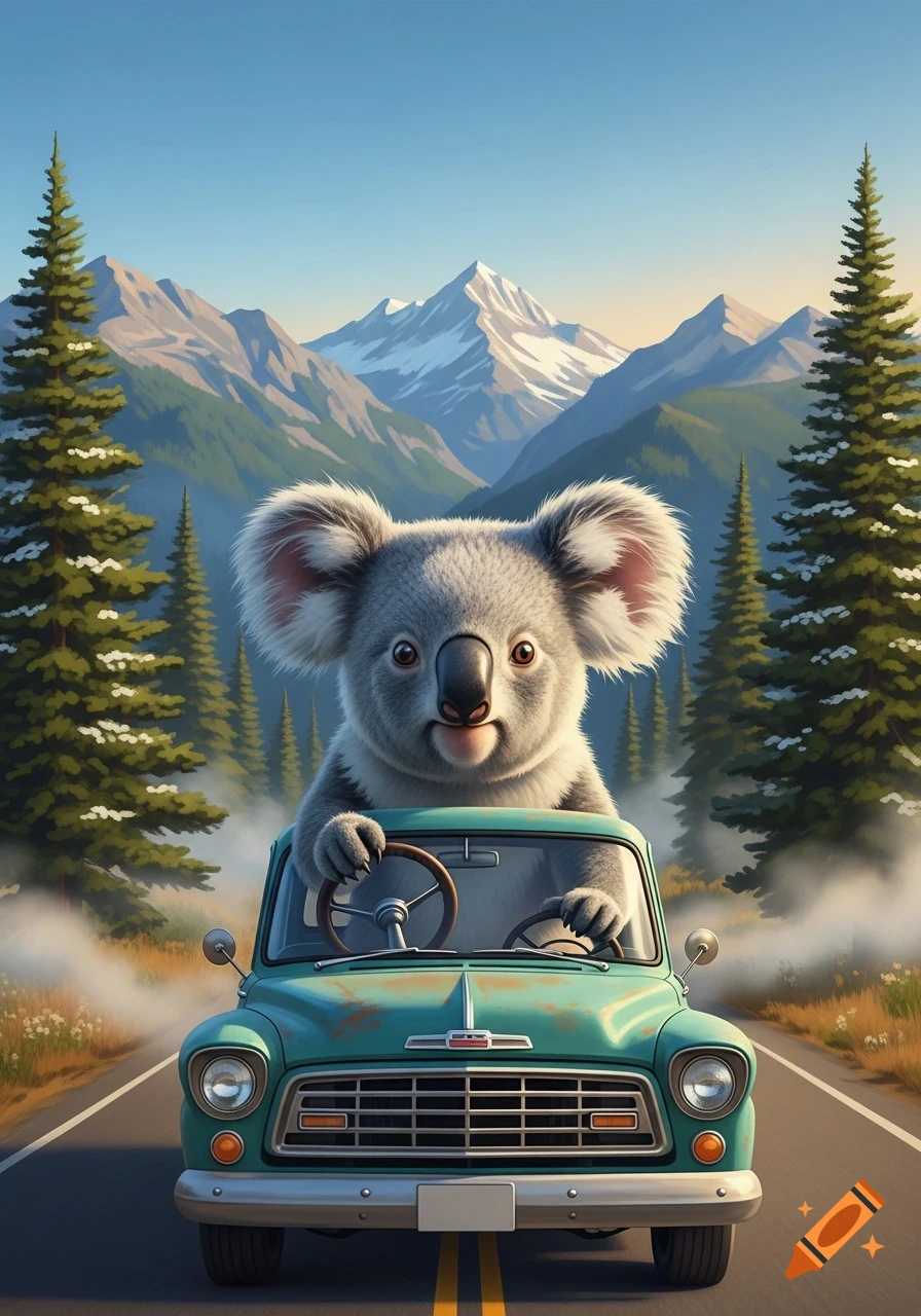 An illustrated koala drives a vintage green truck down a road through ...