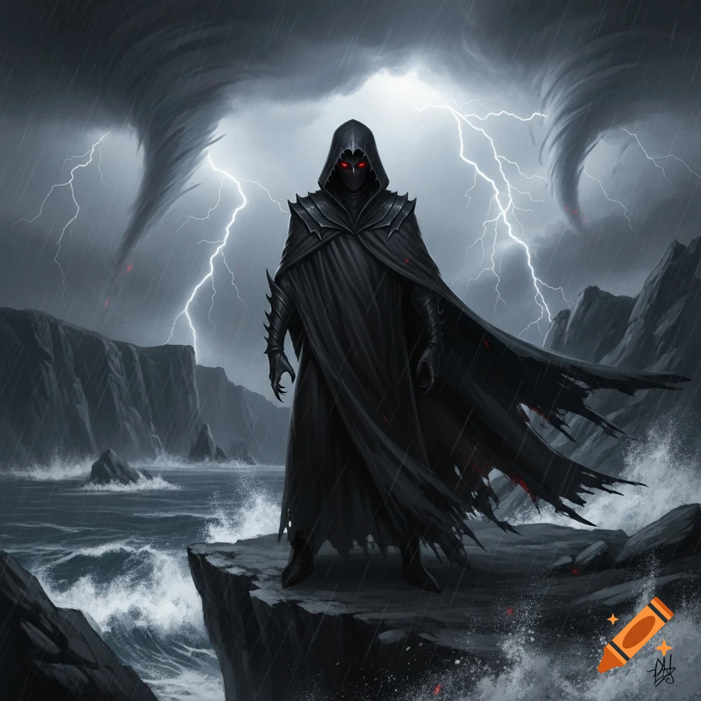 A dark cloaked villain with glowing red eyes stands on a cliff ...