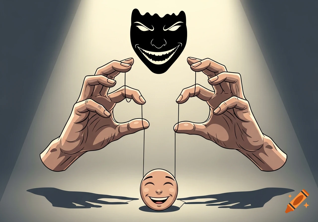 Stylized illustration of hands manipulating a smiling puppet face, with ...