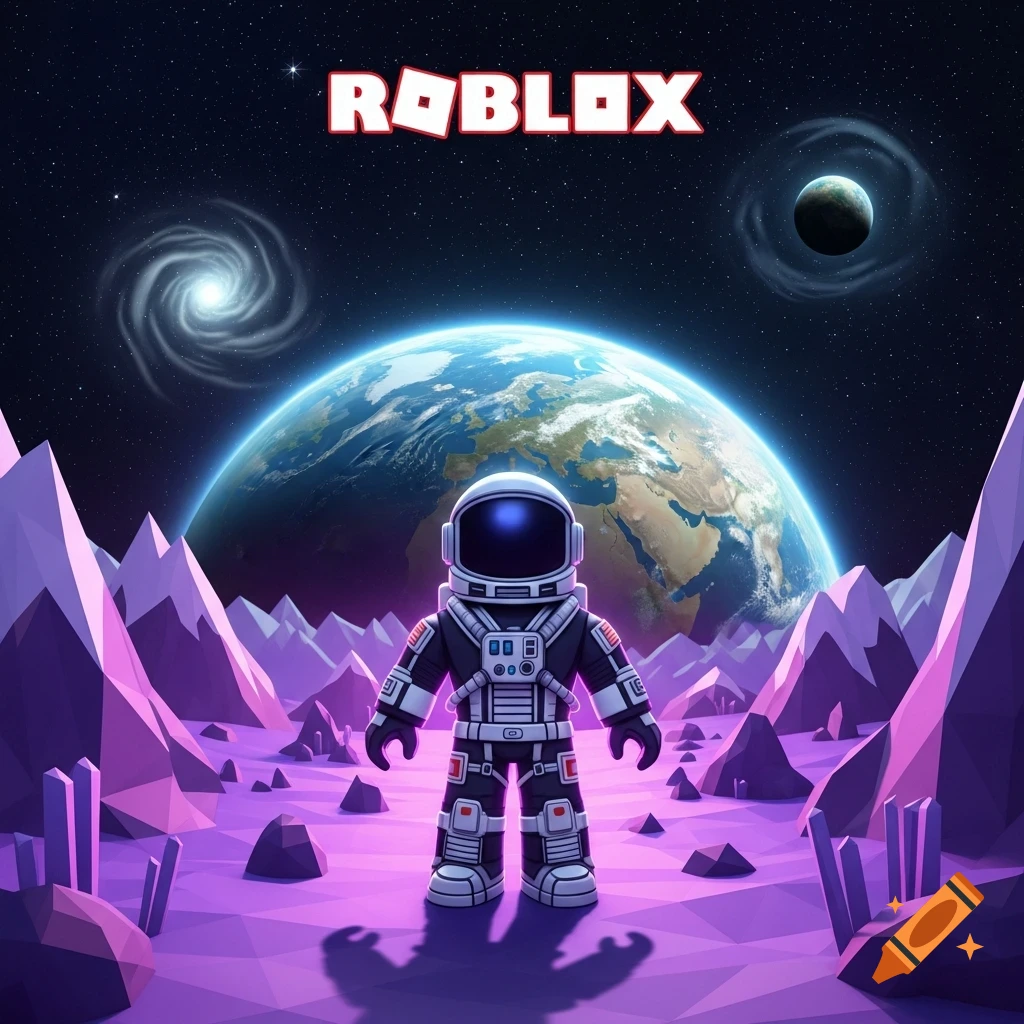 A stylized Roblox astronaut stands on a purple alien planet with sharp ...