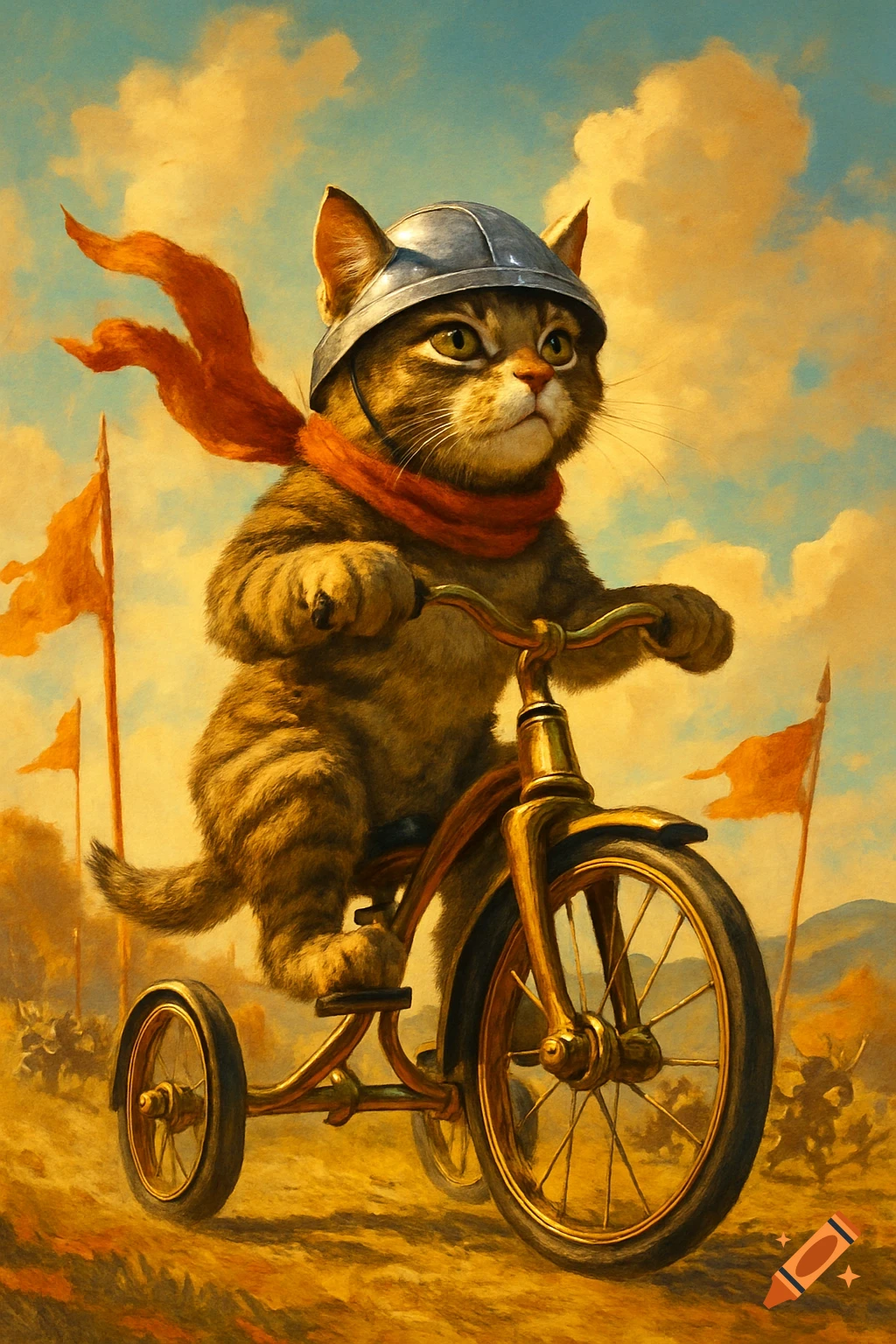 A helmeted tabby cat with a red scarf rides a golden tricycle into a ...
