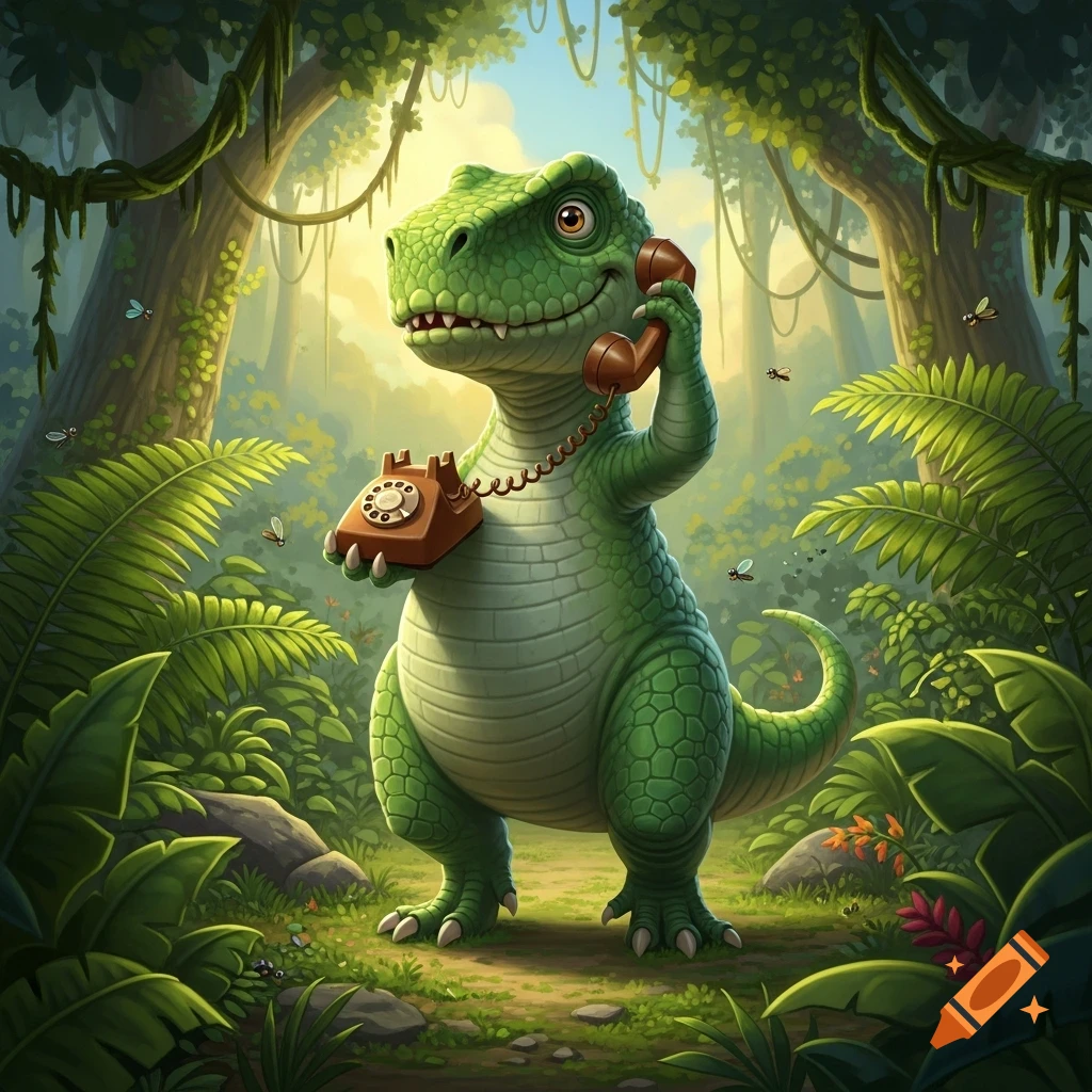 A cute green cartoon T-Rex dinosaur holding a brown rotary phone to its ...