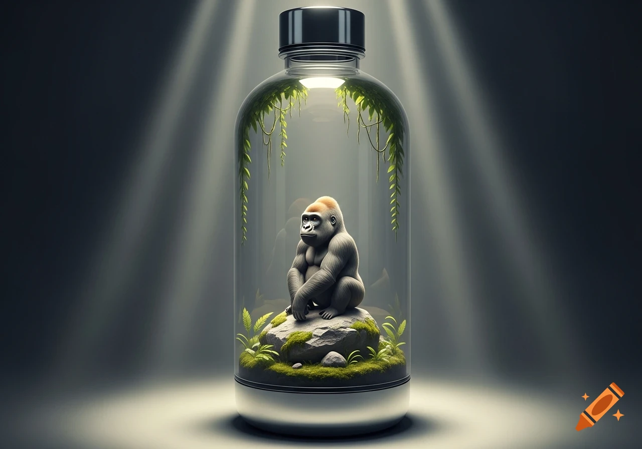 A photorealistic image of a small grey gorilla sitting on a mossy rock ...