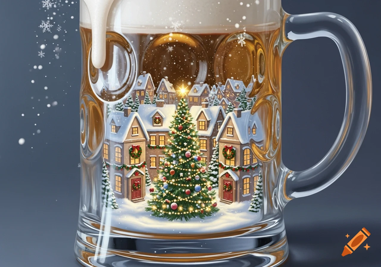 A clear glass beer mug holding a festive, snowy Christmas village scene ...