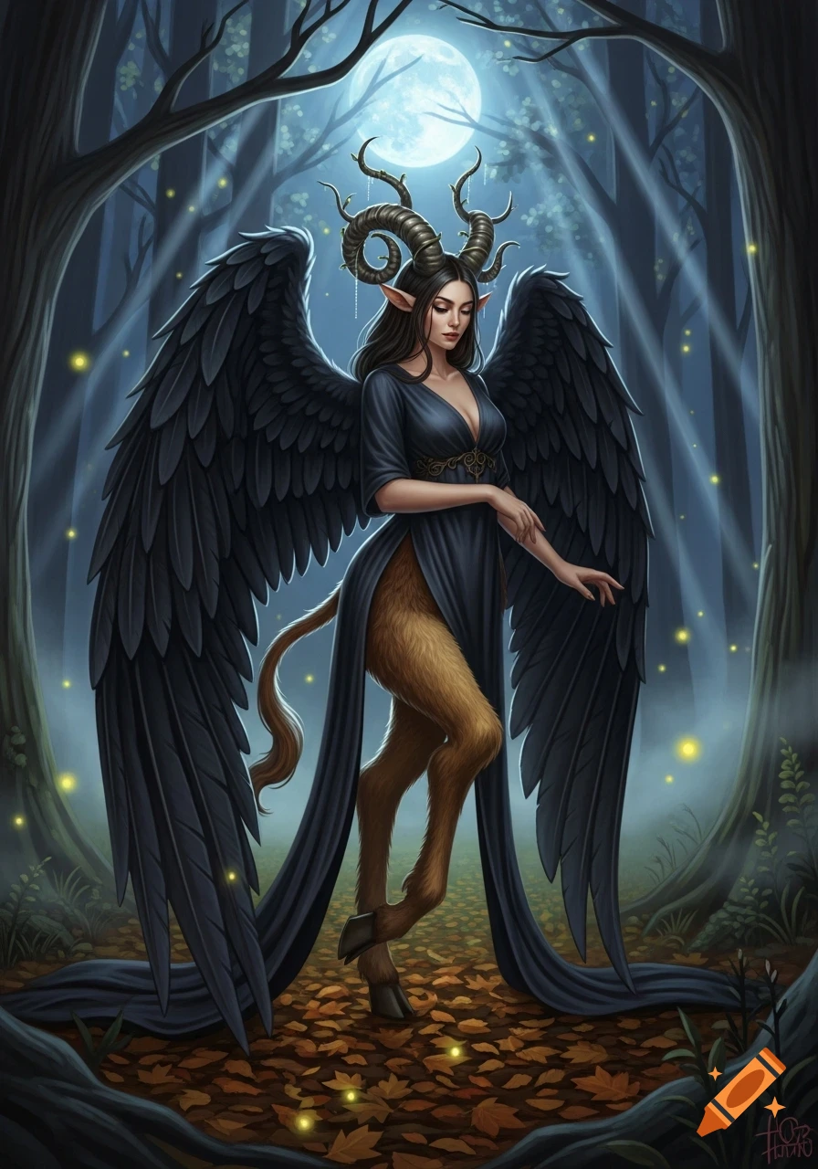 A fantasy illustration of a graceful faun woman with large dark wings ...