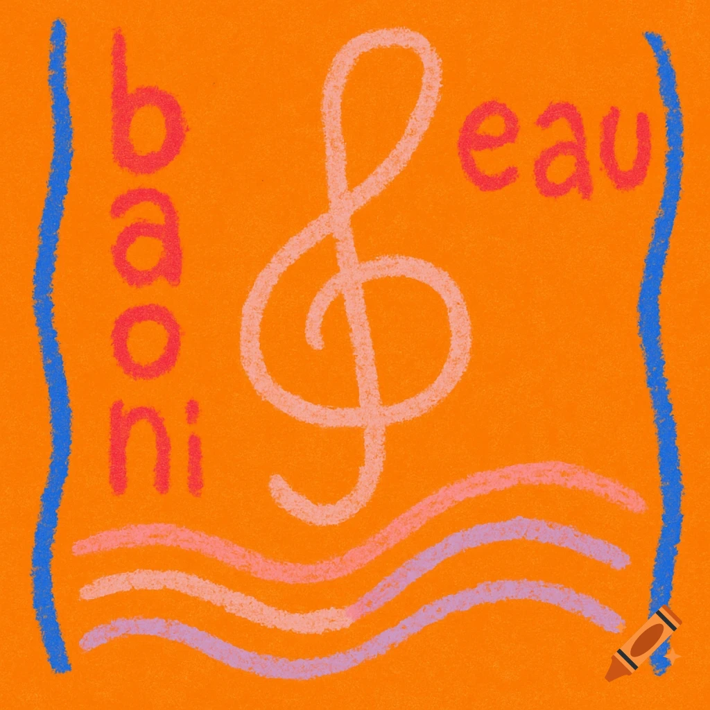 An abstract drawing with a light pink treble clef on an orange ...