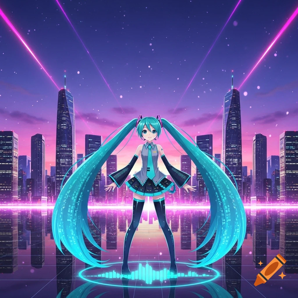 Hatsune Miku stands in a vibrant neon cityscape, reflecting on a ...