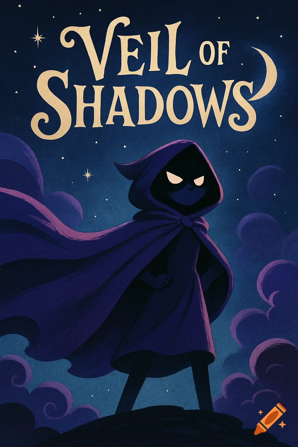 2D animated cartoon movie poster for 'Veil of Shadows' featuring a ...