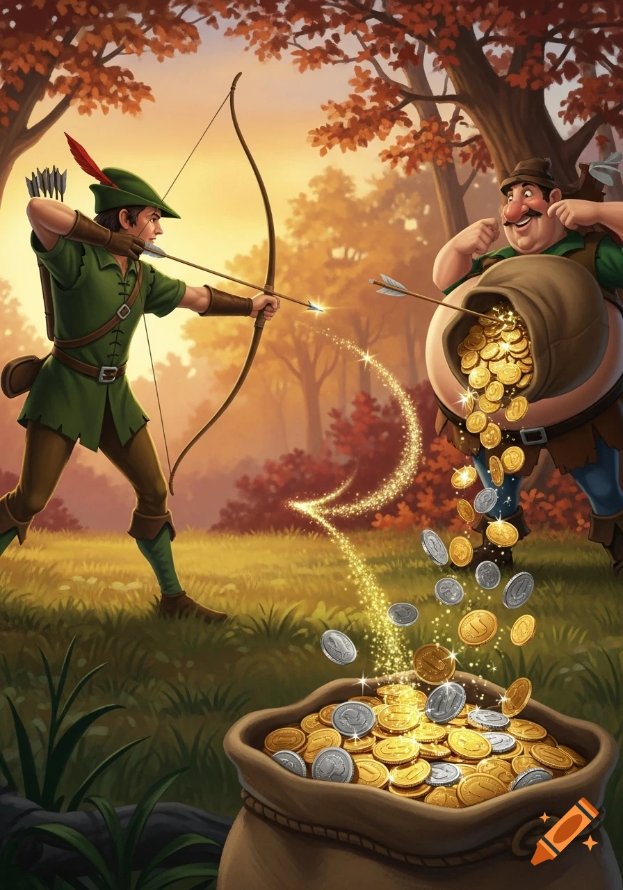 Cartoon of Robin Hood shooting a magical arrow, making gold coins spill ...