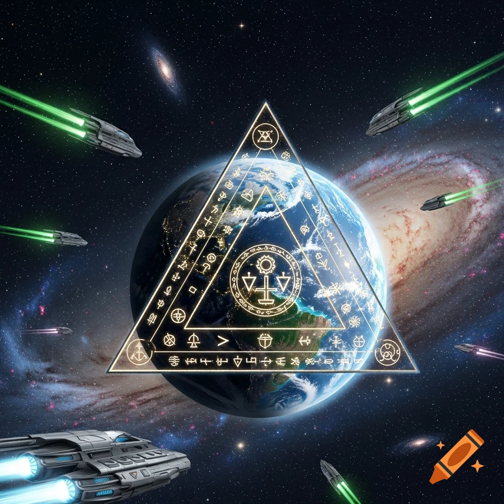 The Earth in space, overlaid with a glowing esoteric triangle symbol ...