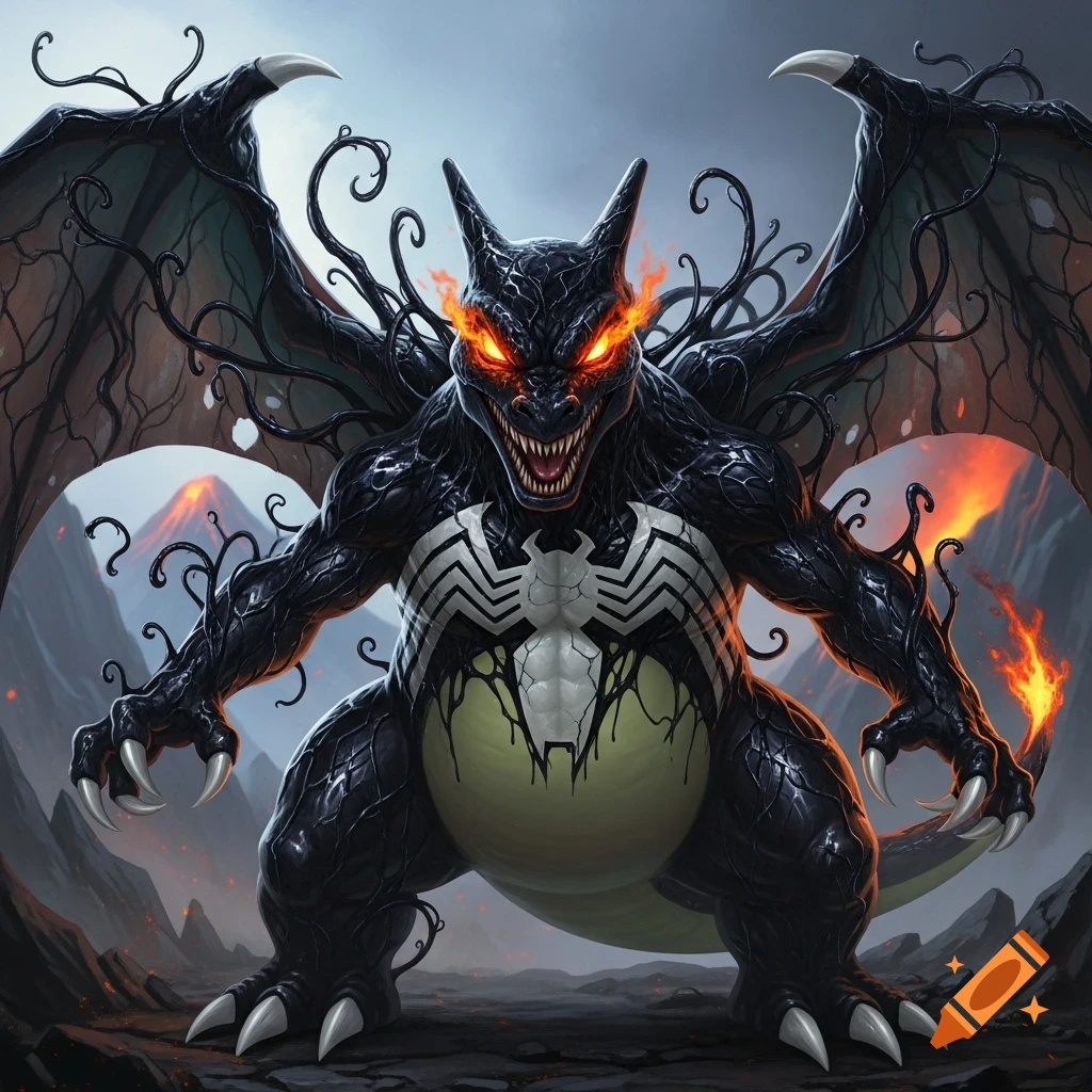 A menacing black Charizard-Venom fusion with glowing red eyes and a ...