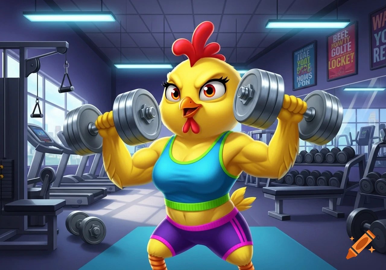 A cartoon chicken with muscular arms, wearing a blue sports bra and ...