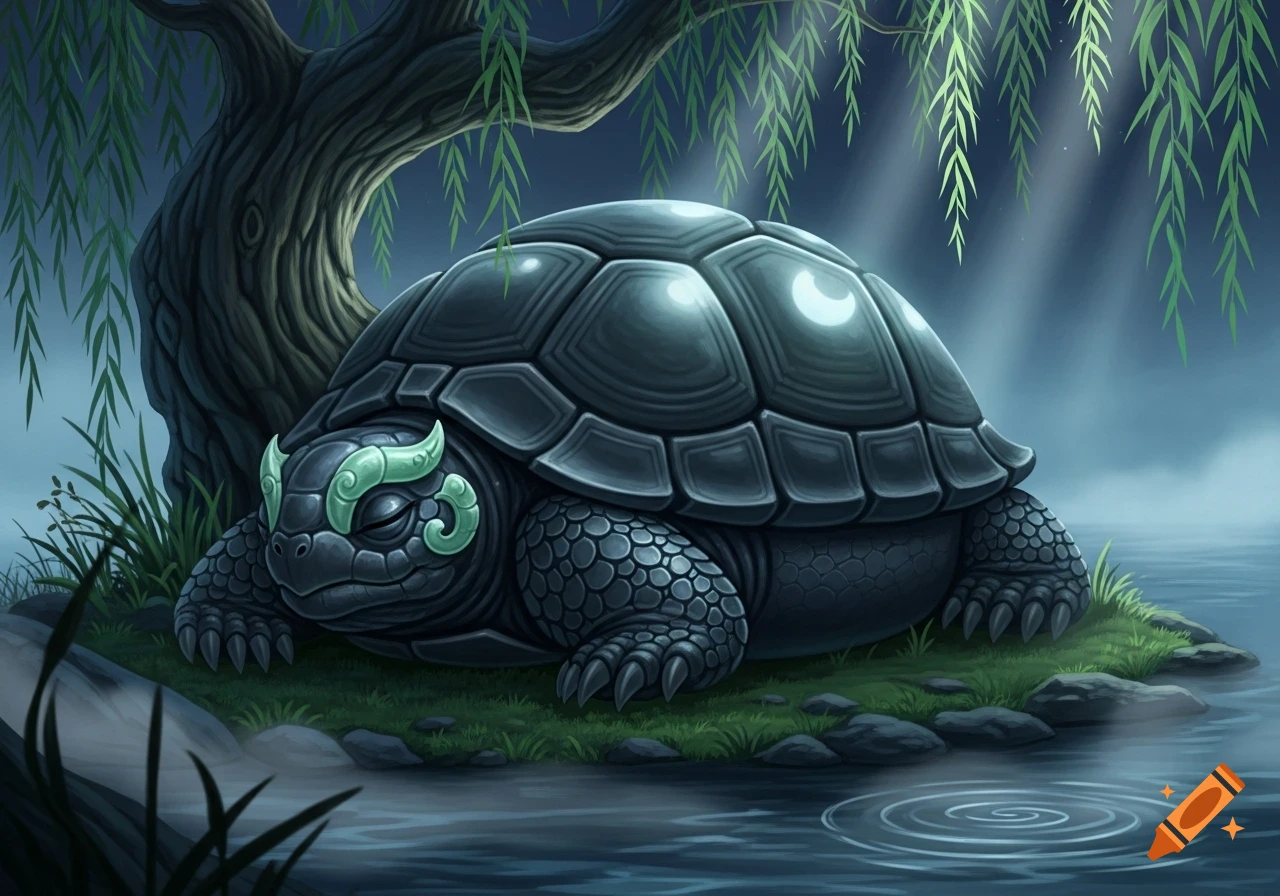 A stylized black turtle with glowing patterns on its shell and green ...