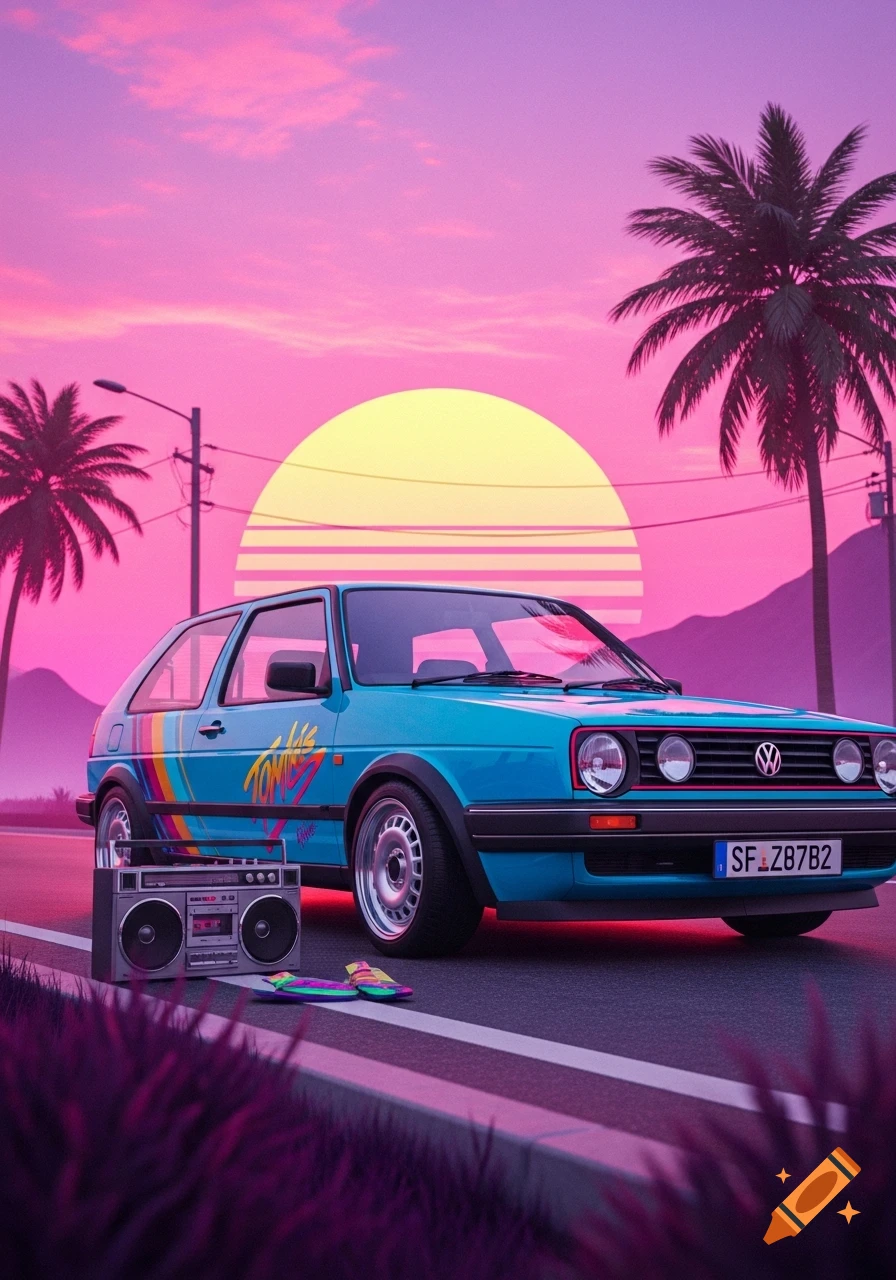 Blue VW Golf Mk2 with rainbow stripes and boombox on a road, against a ...