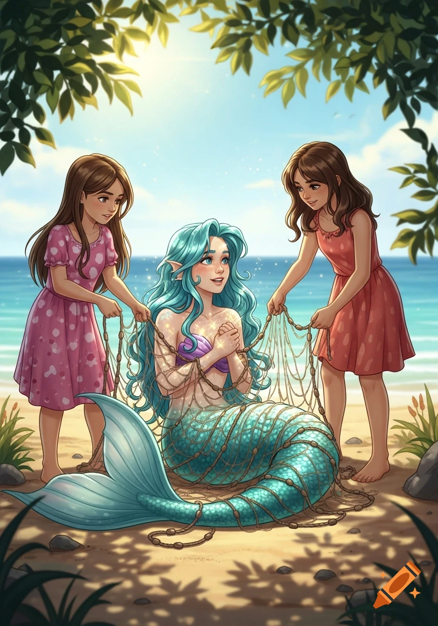 Illustration of two girls on a sunny beach rescuing a teal-haired ...