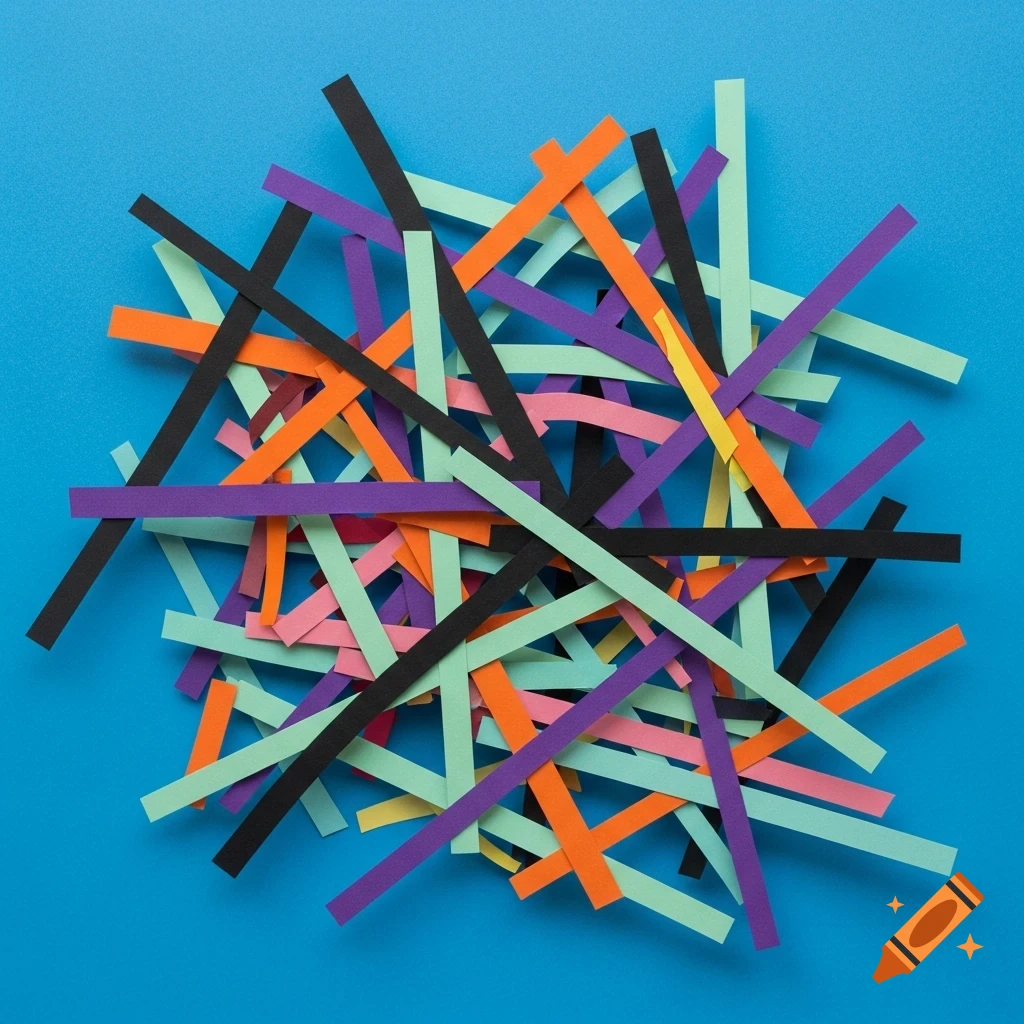 An abstract art collage of thin rectangular paper strips in orange ...