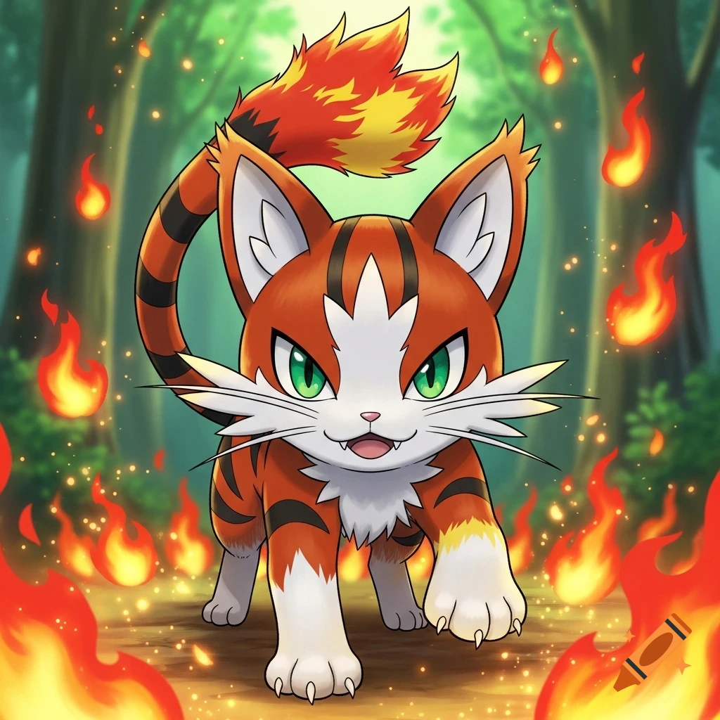 A cute orange and white fire-type cat Pokémon with green eyes and a ...