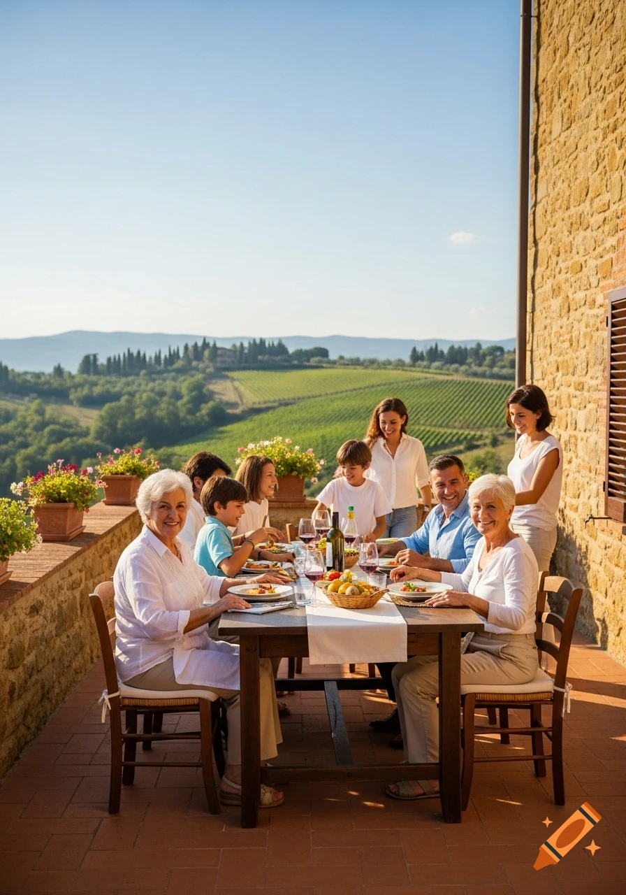 Photorealistic image of a multi-generational family dining al fresco on ...