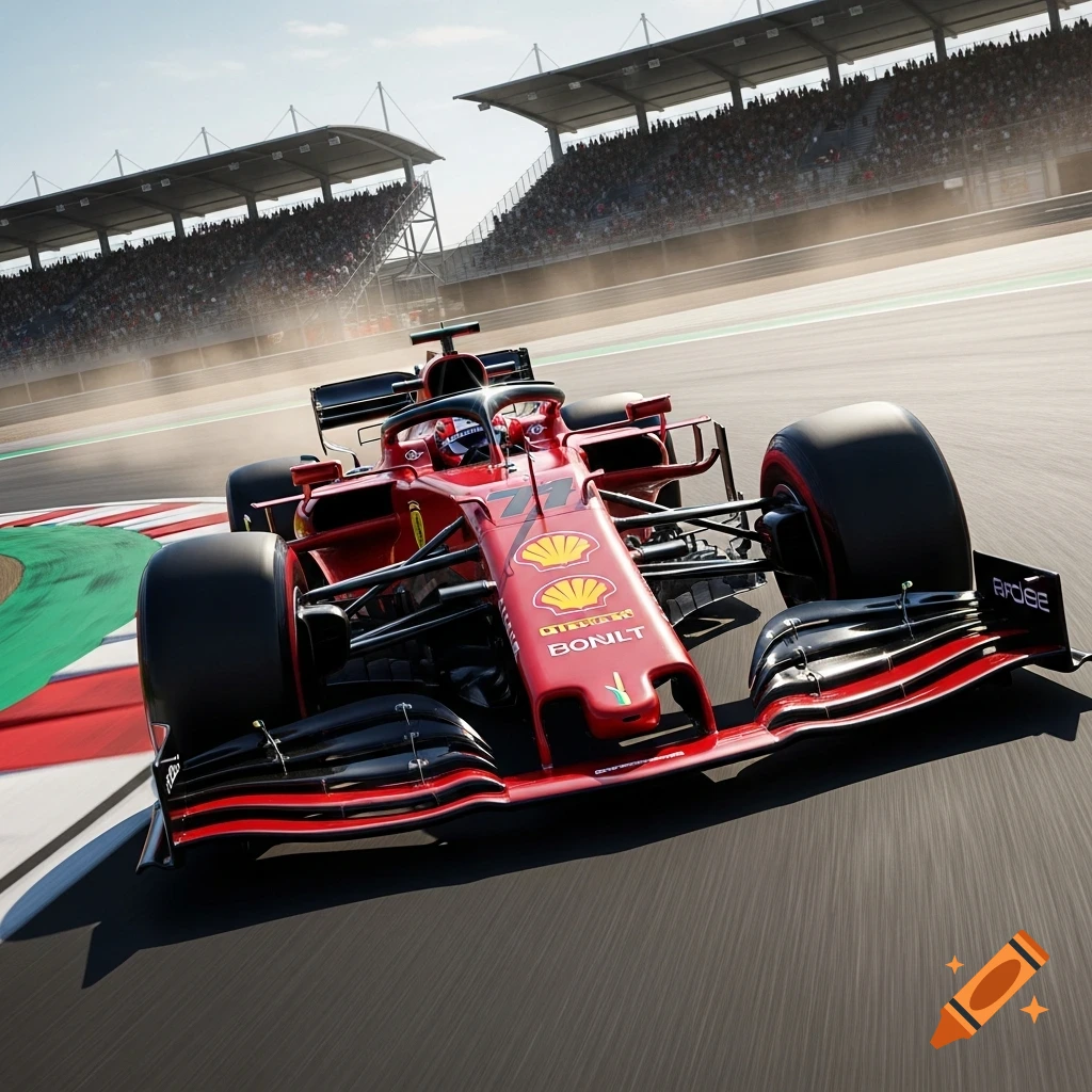 A photorealistic red Formula 1 race car speeds around a turn on a track ...