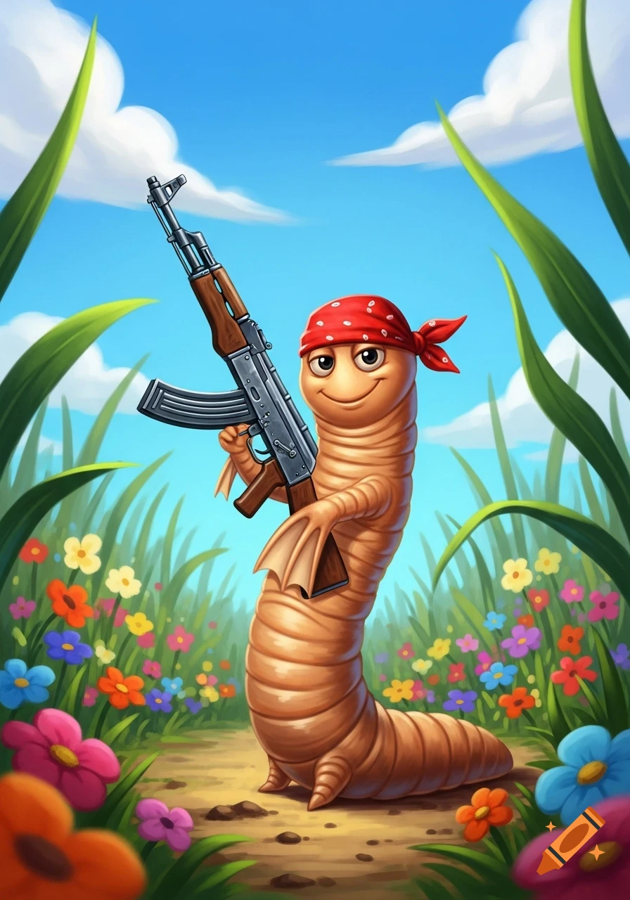 A happy cartoon worm with a red bandana and webbed arms holds an AK-47 ...