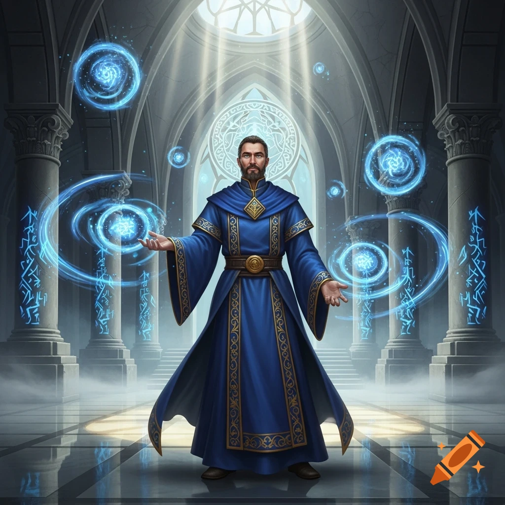 A bearded male cleric in a blue robe stands with outstretched hands in ...
