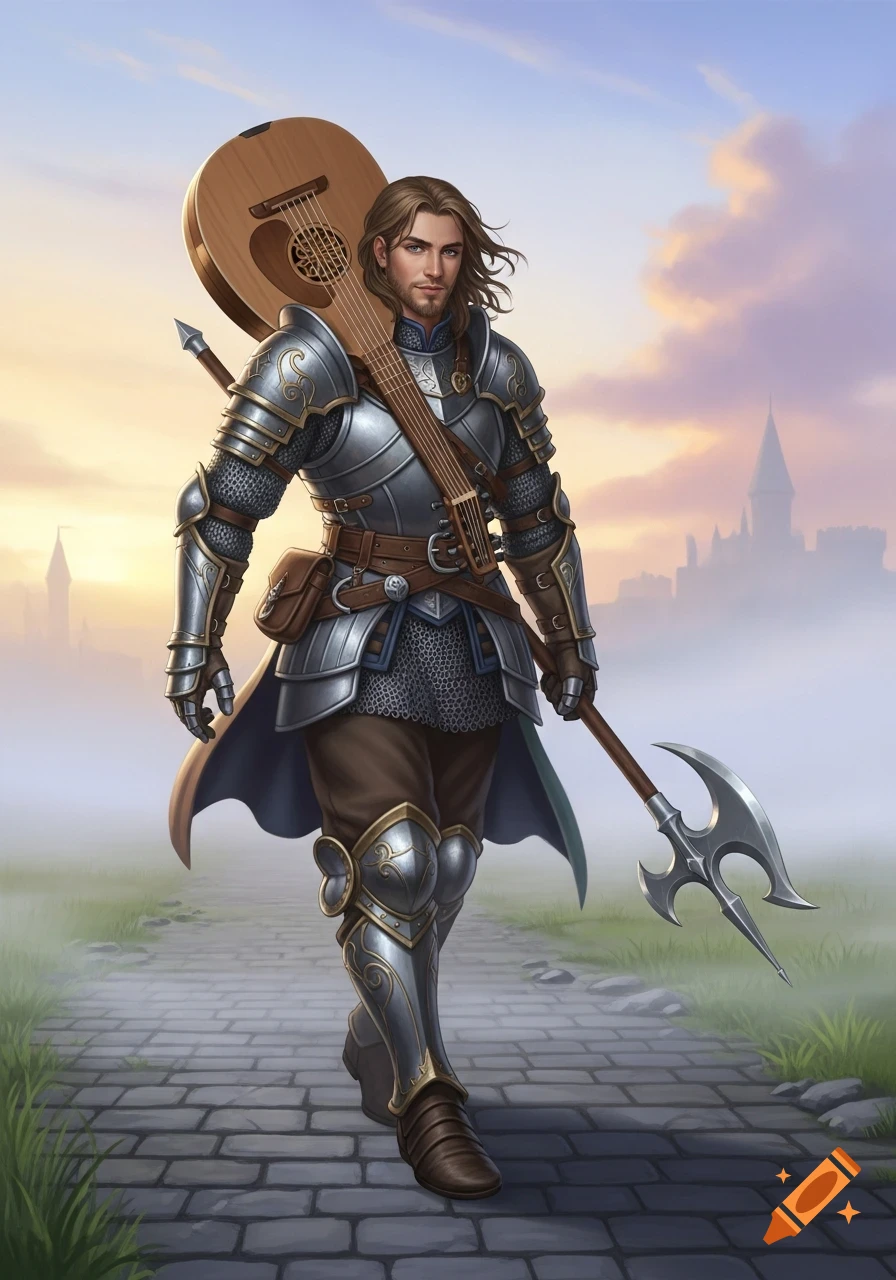 A male bard in ornate armor with a lute on his back and a halberd ...