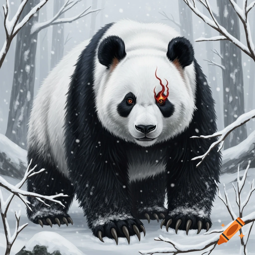 A fierce panda with glowing orange eyes and a fiery mark on its ...