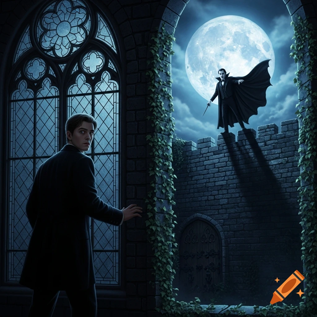 Jonathan Harker looks over his shoulder inside a Gothic castle window ...