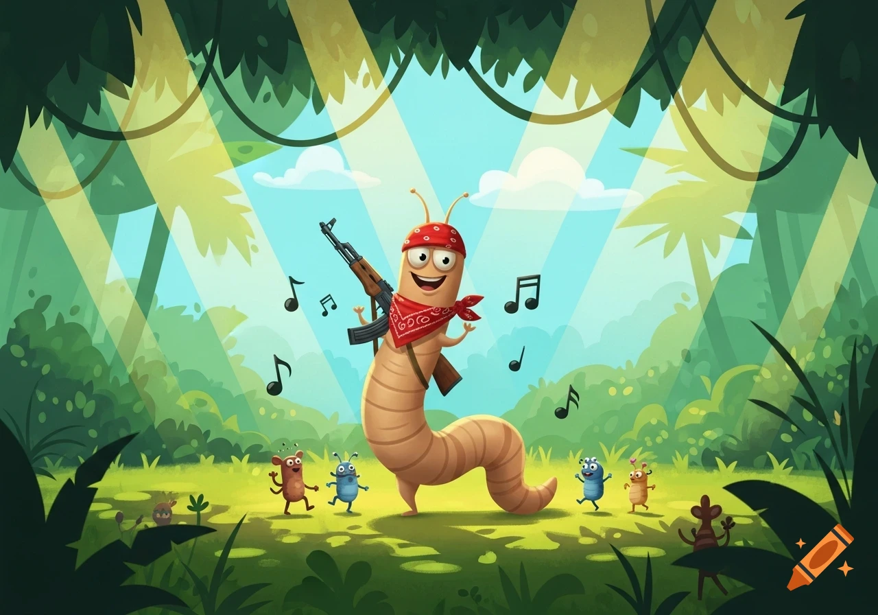 A cheerful cartoon worm in a red bandana, holding an AK-47, dances with ...