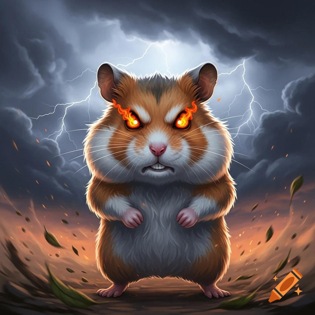A fierce, angry hamster with glowing orange eyes stands against a ...